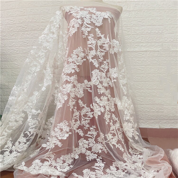 White Flower Sequin Lace Fabric Veil Applique Material - Etsy