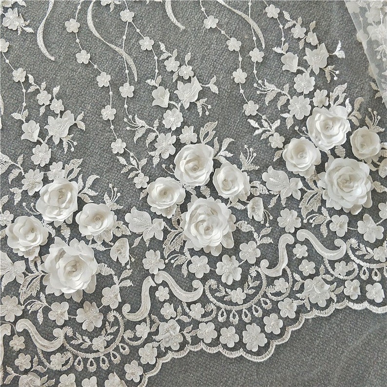3D Embroidery Flower Lace Fabric, Bridal Ivory White Wedding Dress Lace ...