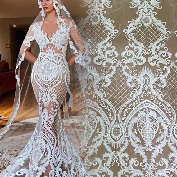 Bridal Ivory Lace Rayon Mesh Fabric Floral Guipure Lace Wedding Dress Crochet Corded Alencon Embroidery Flower Lace With Sequin by the Yard Etsy