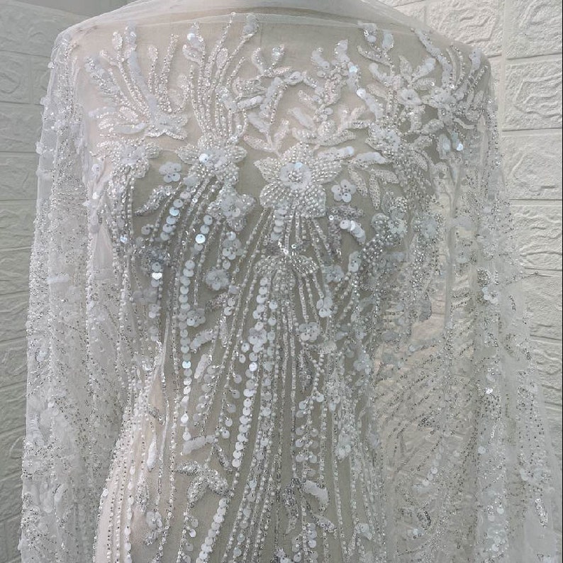 White Ivory Heavy Sequin Beaded Lace Fabric Beading Lace - Etsy