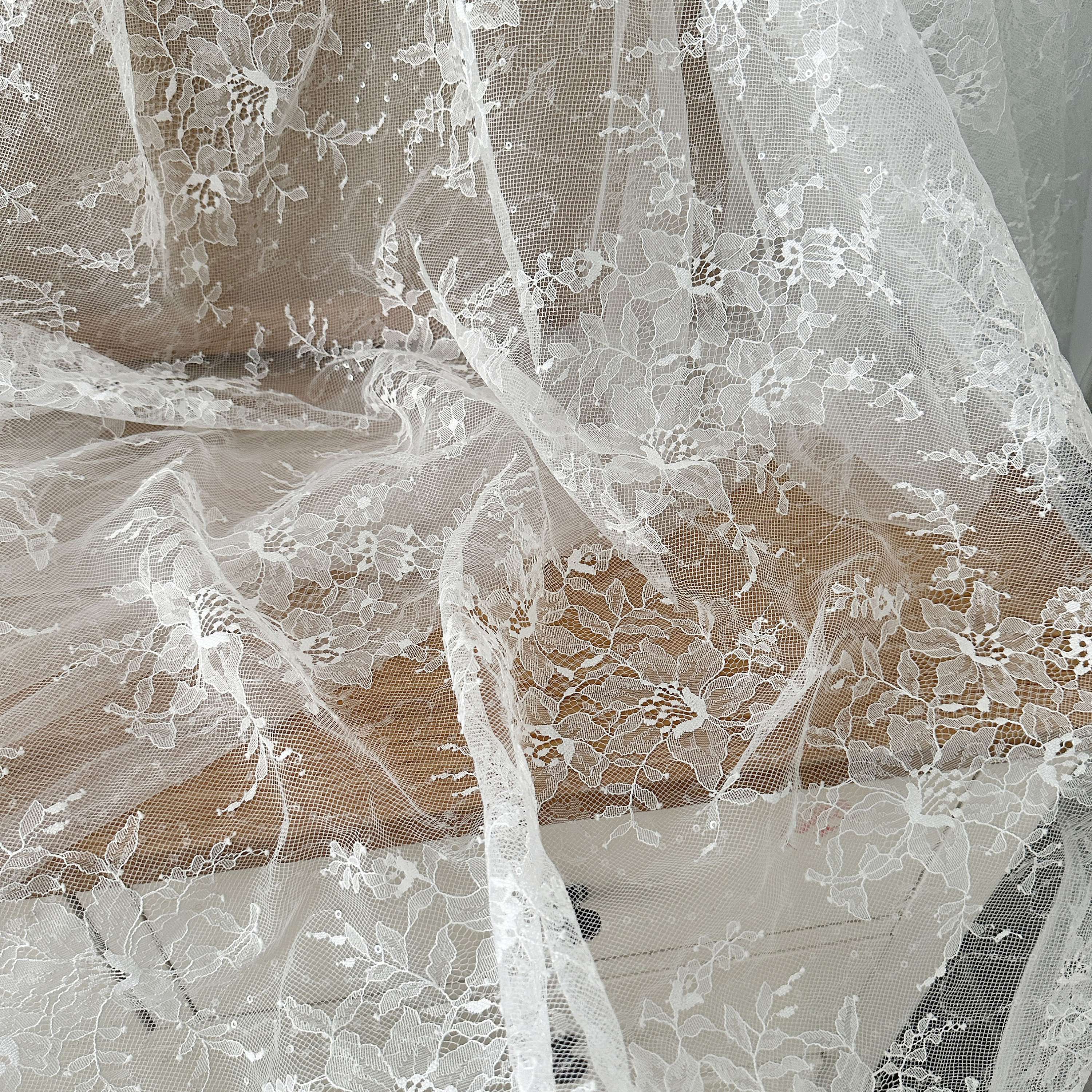 French Lace Chantilly Lace Fabric With Clear Sequin, Floral Flower ...