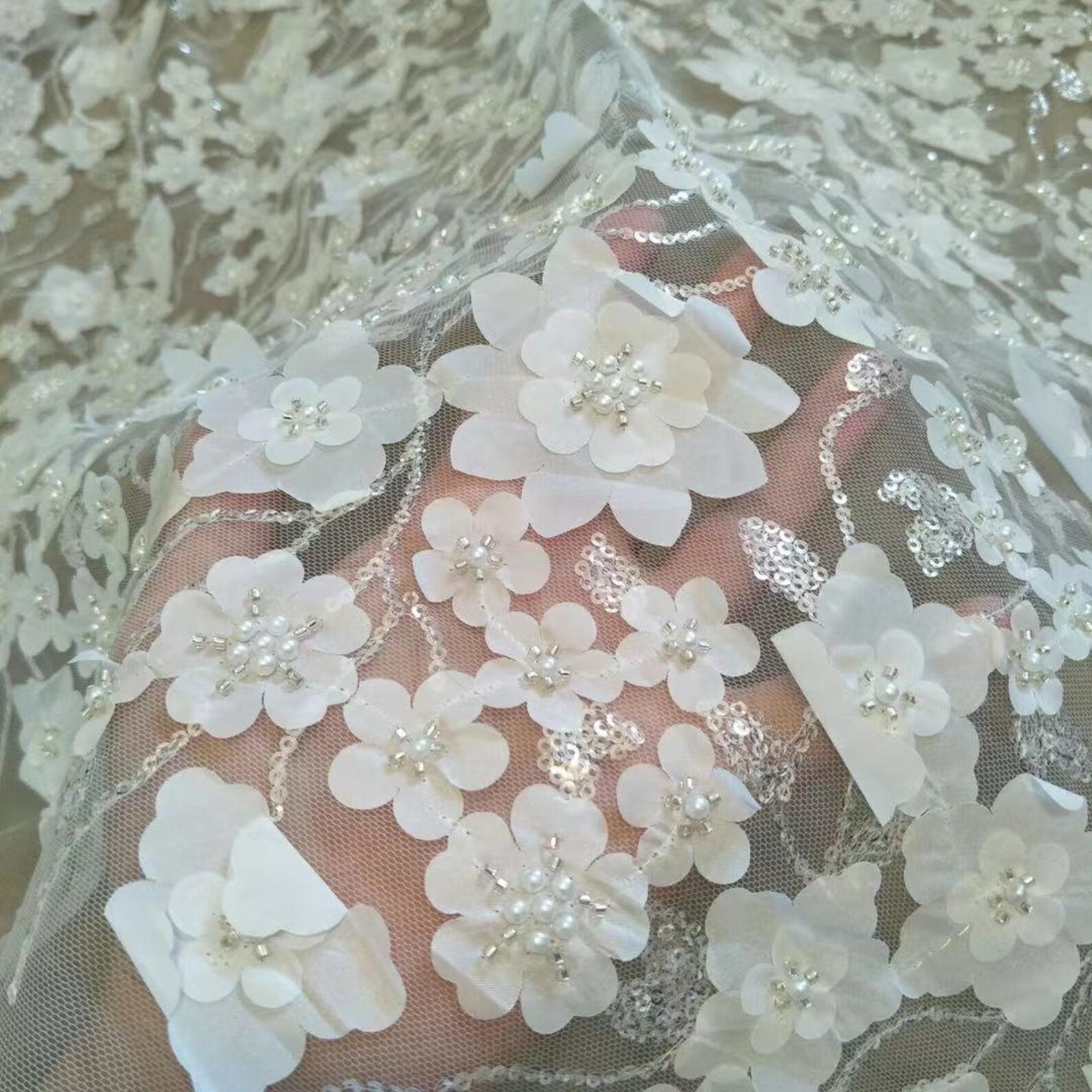 3D Embroidery Flower Lace Fabric, Ivory Sequin Beaded Pearl Lace ...