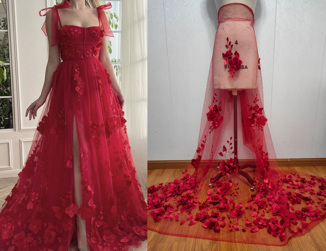 3D Red Pink Flower Beaded Lace Fabric, Bridal Floral Veil Lace, Wedding ...