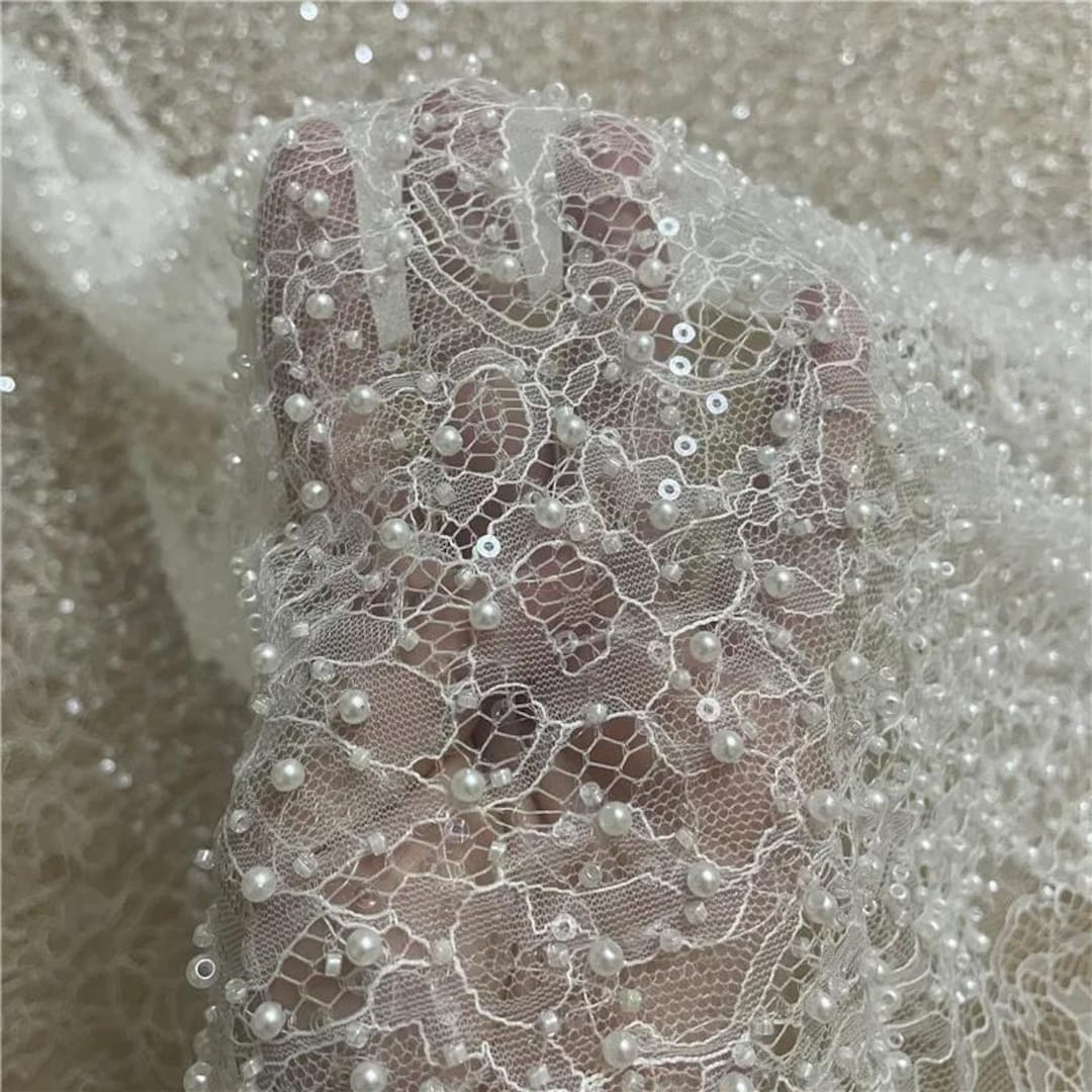 Soft French Chantilly Flower Beaded Lace Fabric, Bridal Wedding Dress ...