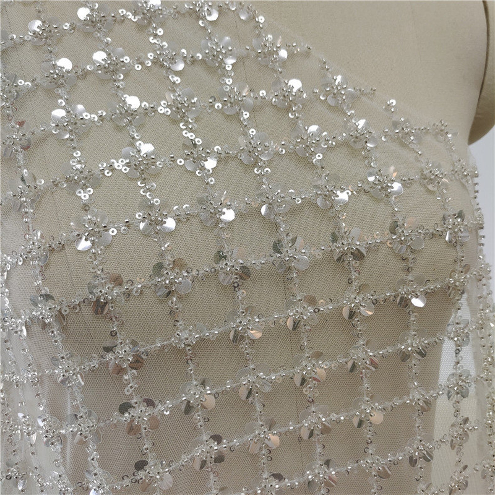 Sequin Beaded Lace Fabric, Heavy Beading Lace Material, Ivory White ...