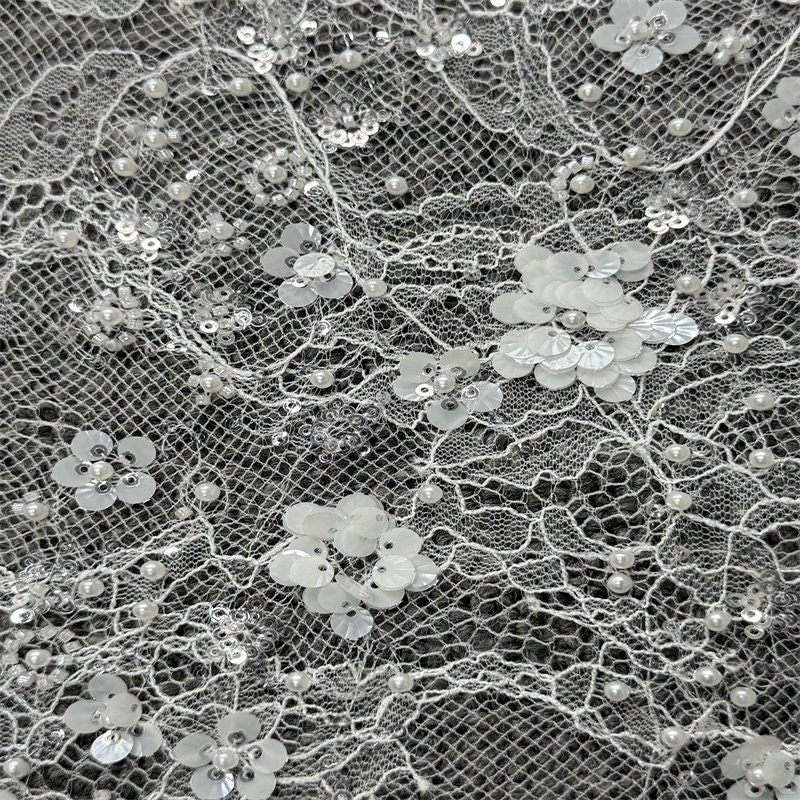 Soft White French Chantilly Flower Sequin Beading Lace Fabric, Bridal ...