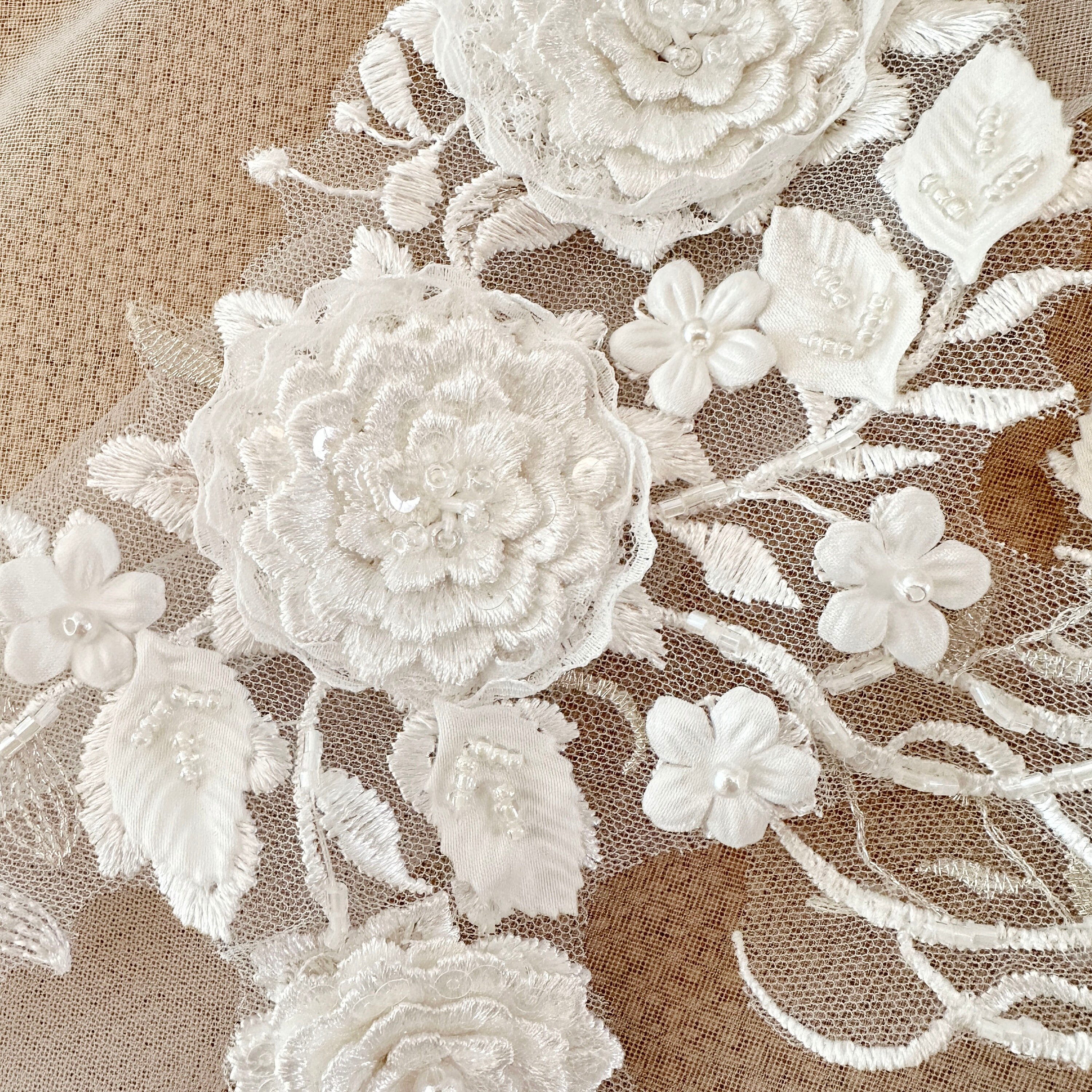 White 3D Embroidery Flower Lace Fabric, Beaded Sequin Applique Piece ...