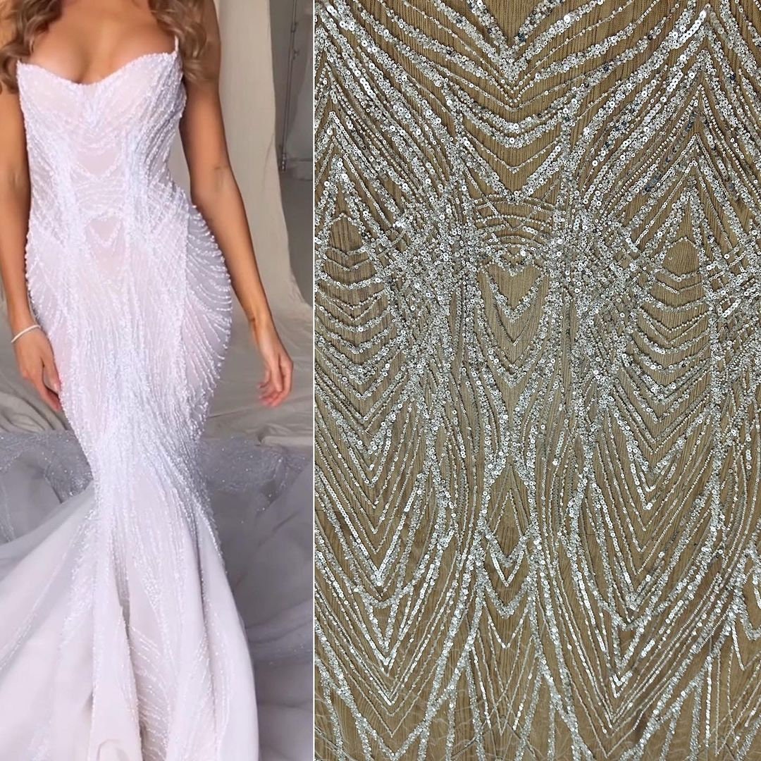 Luxury Geometric Beaded Flower Lace Fabric With Sequin, Couture Wedding ...