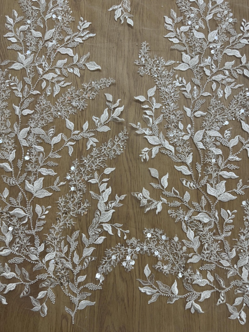 White Sequin Beaded Floral Leave Embroidery Lace Fabric, Luxury Lace ...