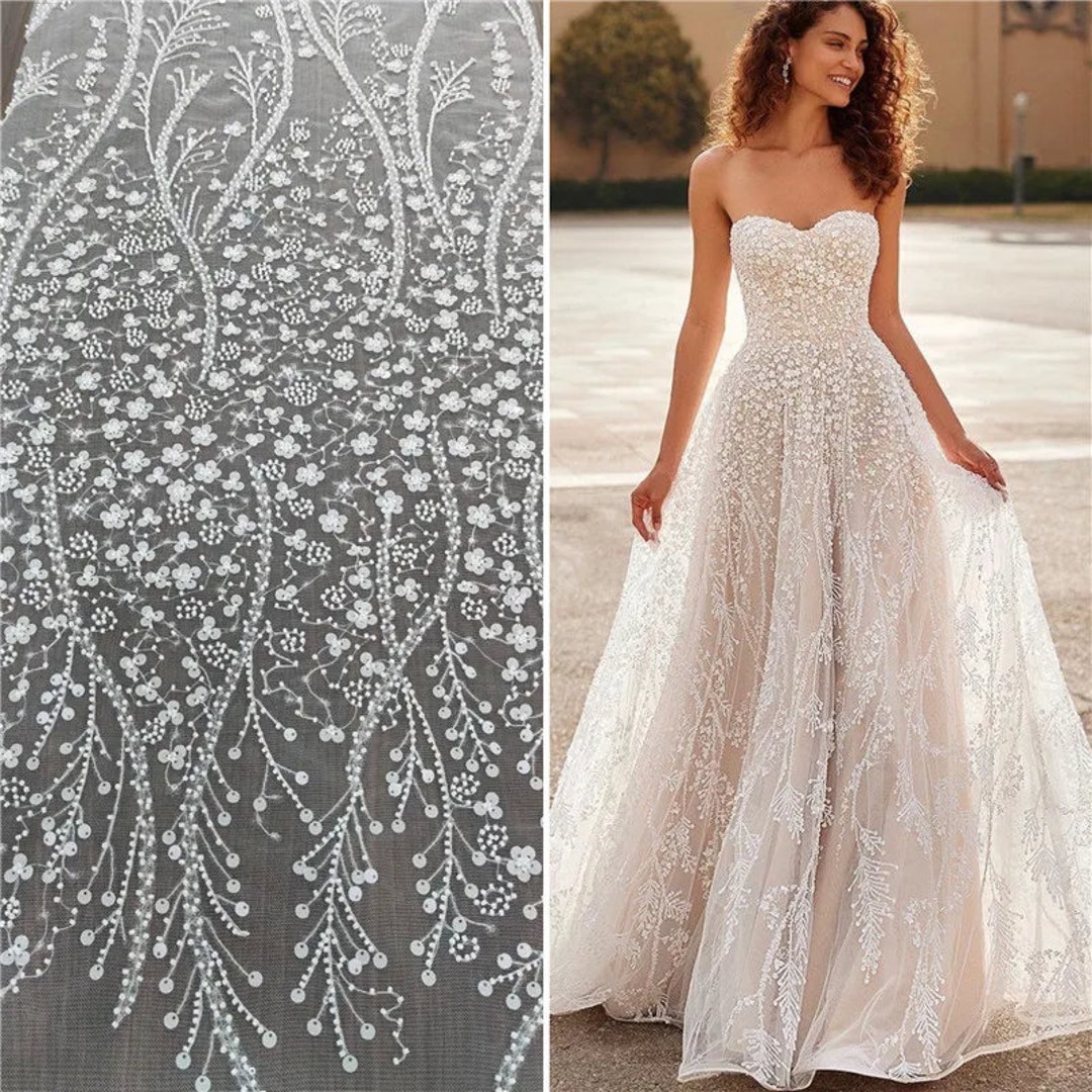 White Beaded Sequin Lace Embroidery Fabric, Soft Flower Floral Leaf ...