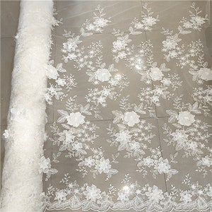 3D Embroidery Flower Lace Fabric, Ivory White Sequin Lace Fabric for ...