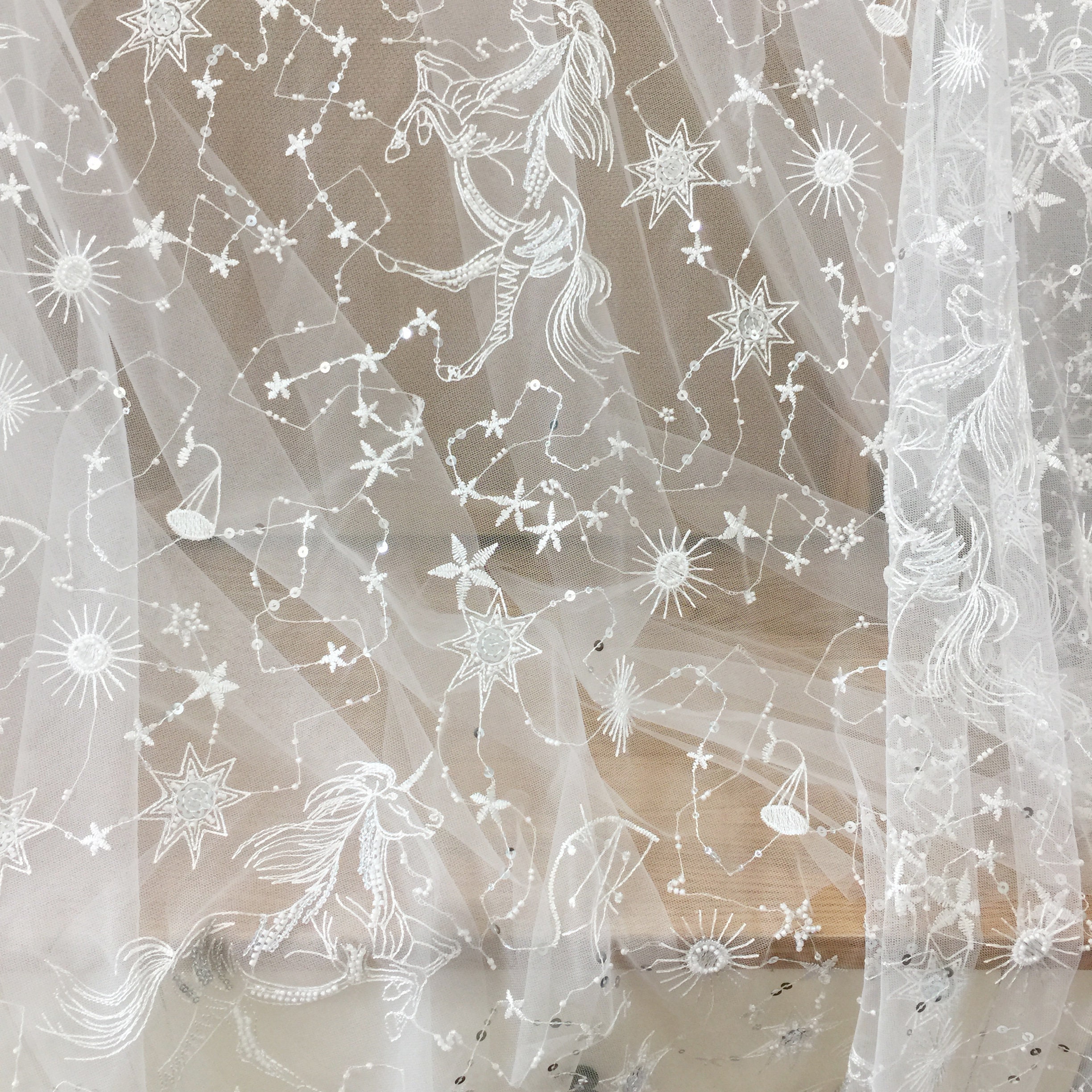 Star Celestial Embroidery Fabric, Soft Ivory White Tulle, Bridal ...