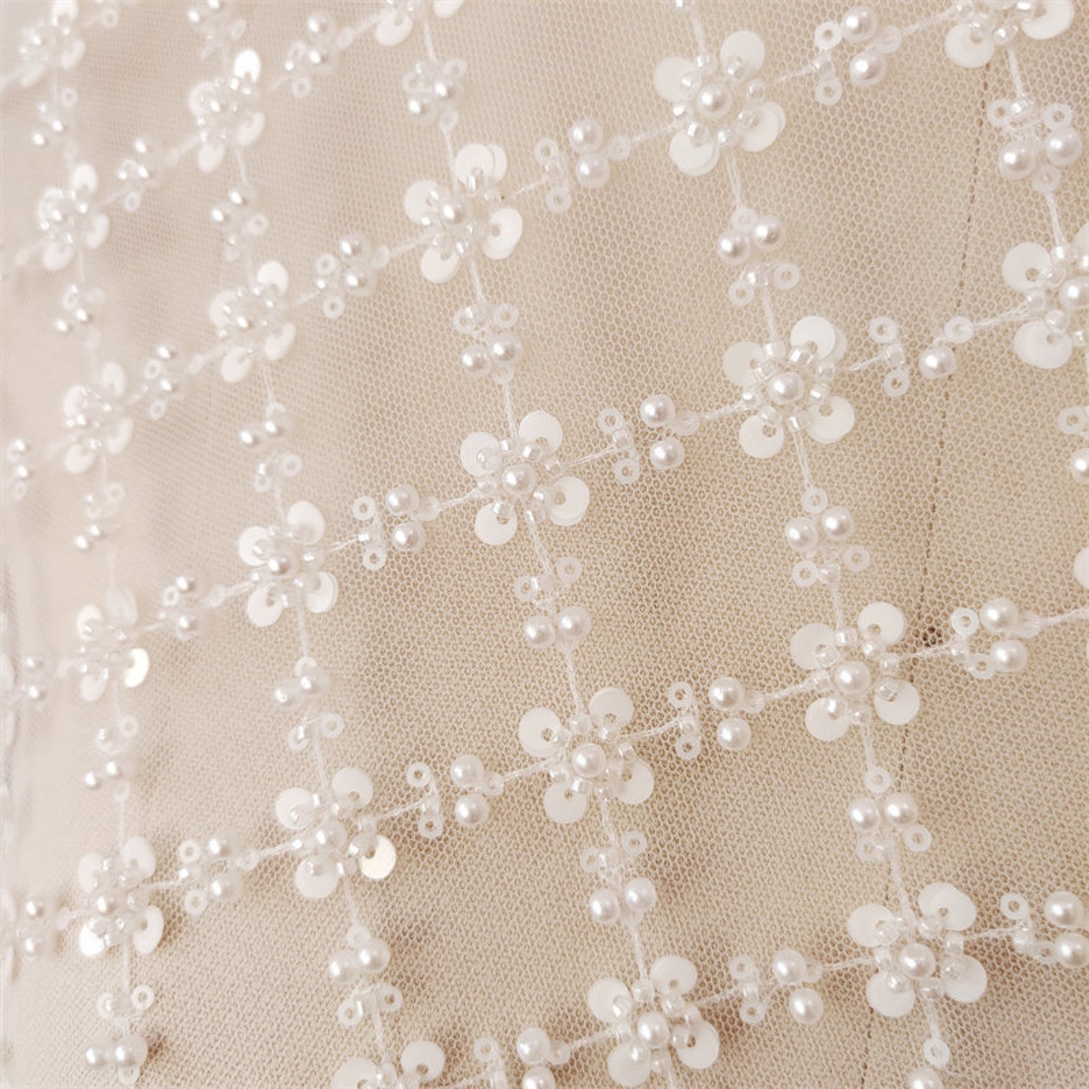 White Ivory Heavy Sequin Beaded Lattice Lace Fabric, Bridal Wedding ...