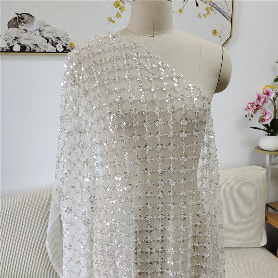 Sequin Beaded Lace Fabric Heavy Beading Lace Material Ivory - Etsy