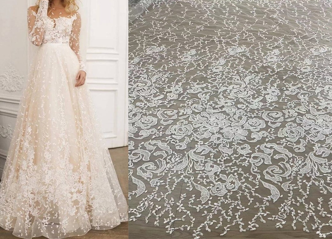 White Flower Sequin Lace Fabric, Bridal Wedding Dress Veil Applique ...