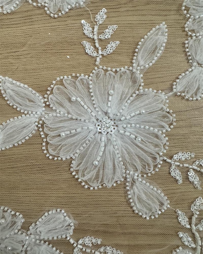 White 3D Flower Beaded Sequin Lace Fabric, Lace for Bridal Floral Veil ...