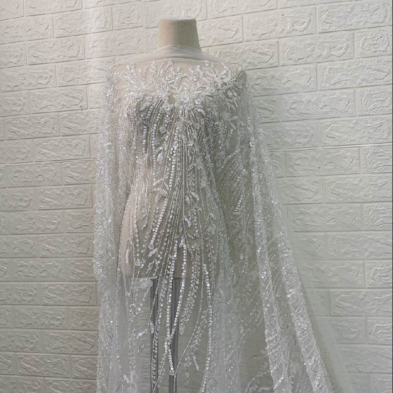 White Ivory Heavy Sequin Beaded Lace Fabric Beading Lace - Etsy