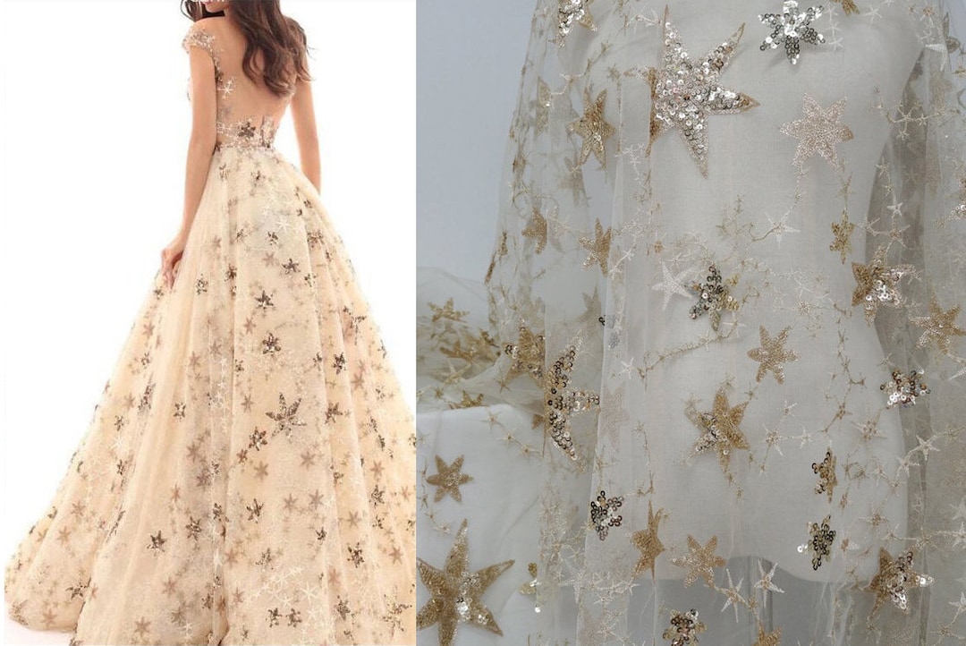 Gold Star Celestial Sequin Embroidery Fabric, Champagne Cream Tulle ...