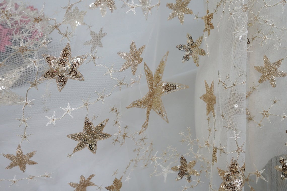 Gold Star Celestial Sequin Embroidery Fabric Champagne Cream | Etsy