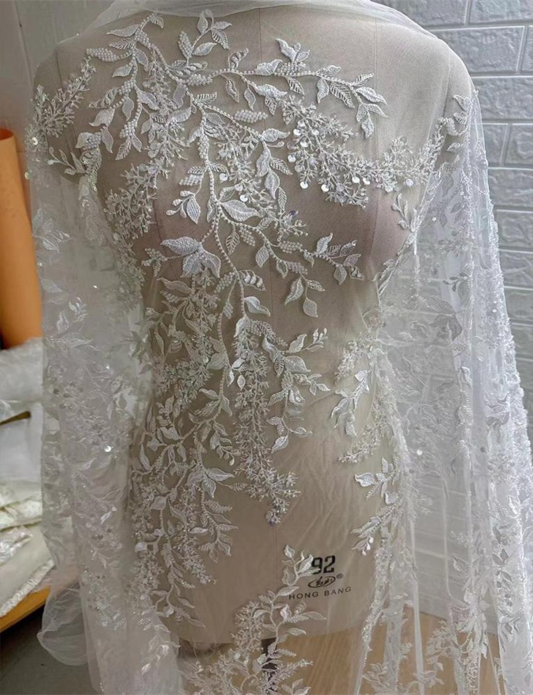 White Sequin Beaded Floral Leave Embroidery Lace Fabric, Luxury Lace ...