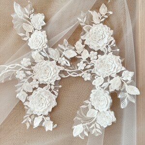 White 3D Embroidery Flower Lace Fabric, Beaded Sequin Applique Piece ...