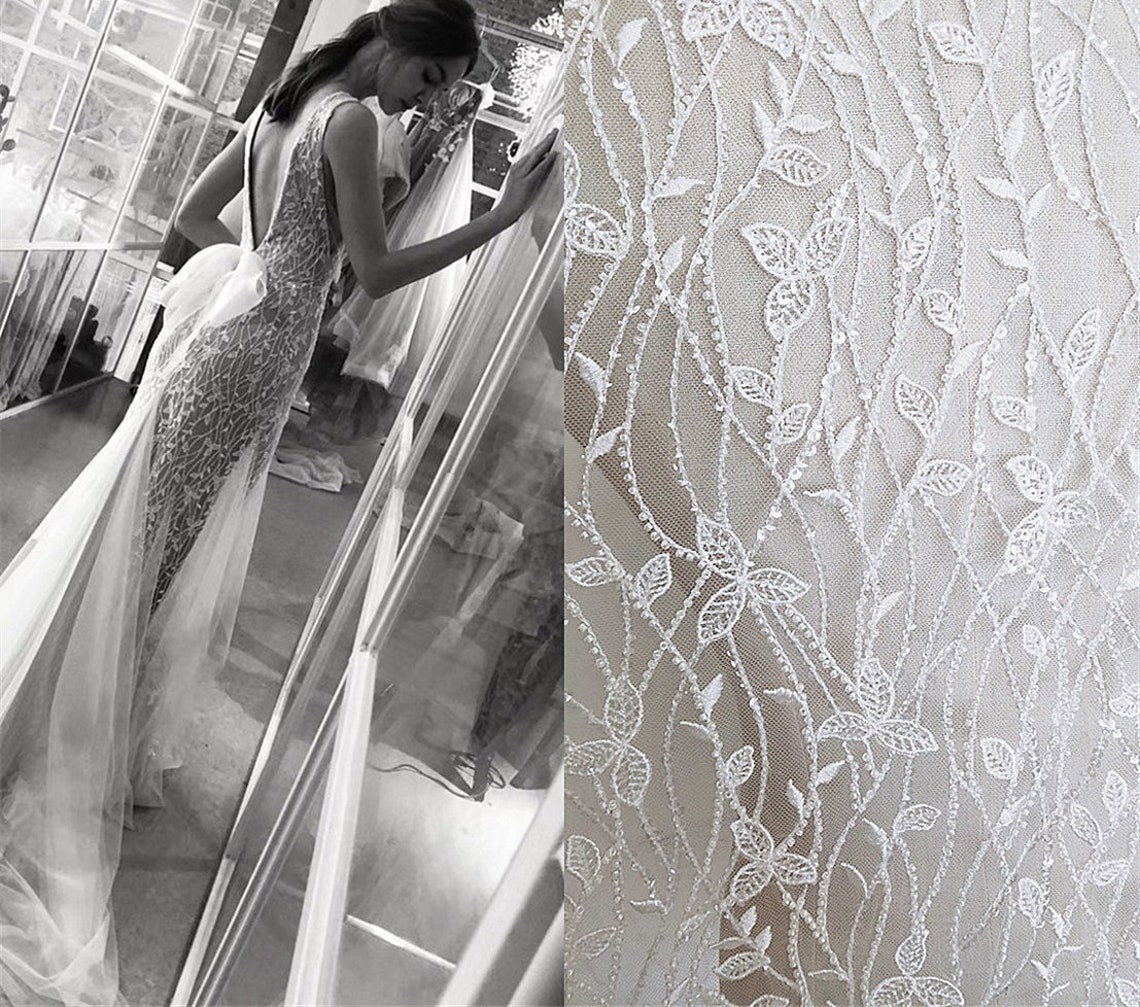 Ivory Flower Lace Fabric by the Yard With Beaded Sequin | Etsy