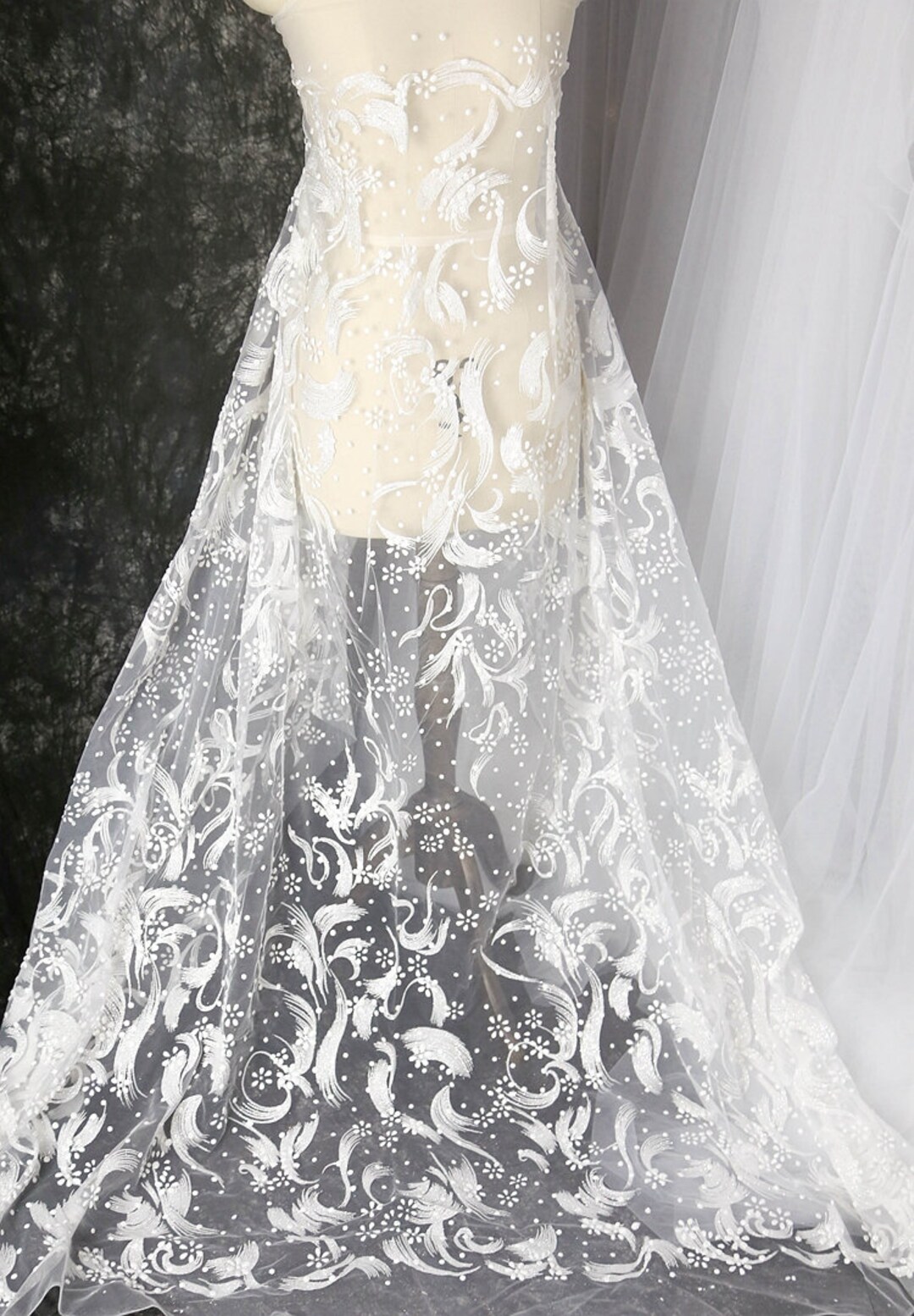 Glitter Lace Flower Fabric, Soft Ivory White Sequin Tulle, Bridal ...