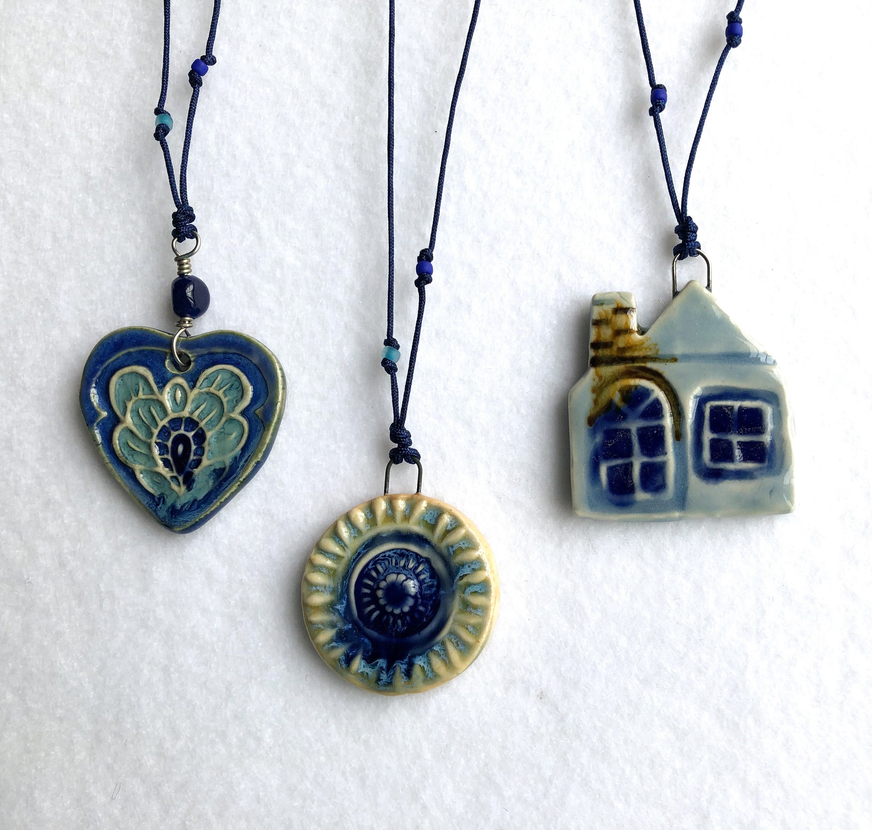 Folk Art Pendants, Ceramic Artisan Pendants, Blue Folksy Necklaces ...