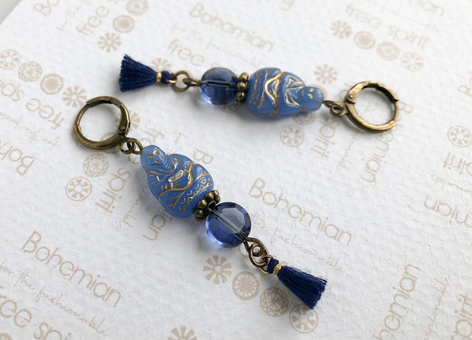 Blue Buddha Boho Earrings Blue Tiny Tassel Earrings Czech - Etsy