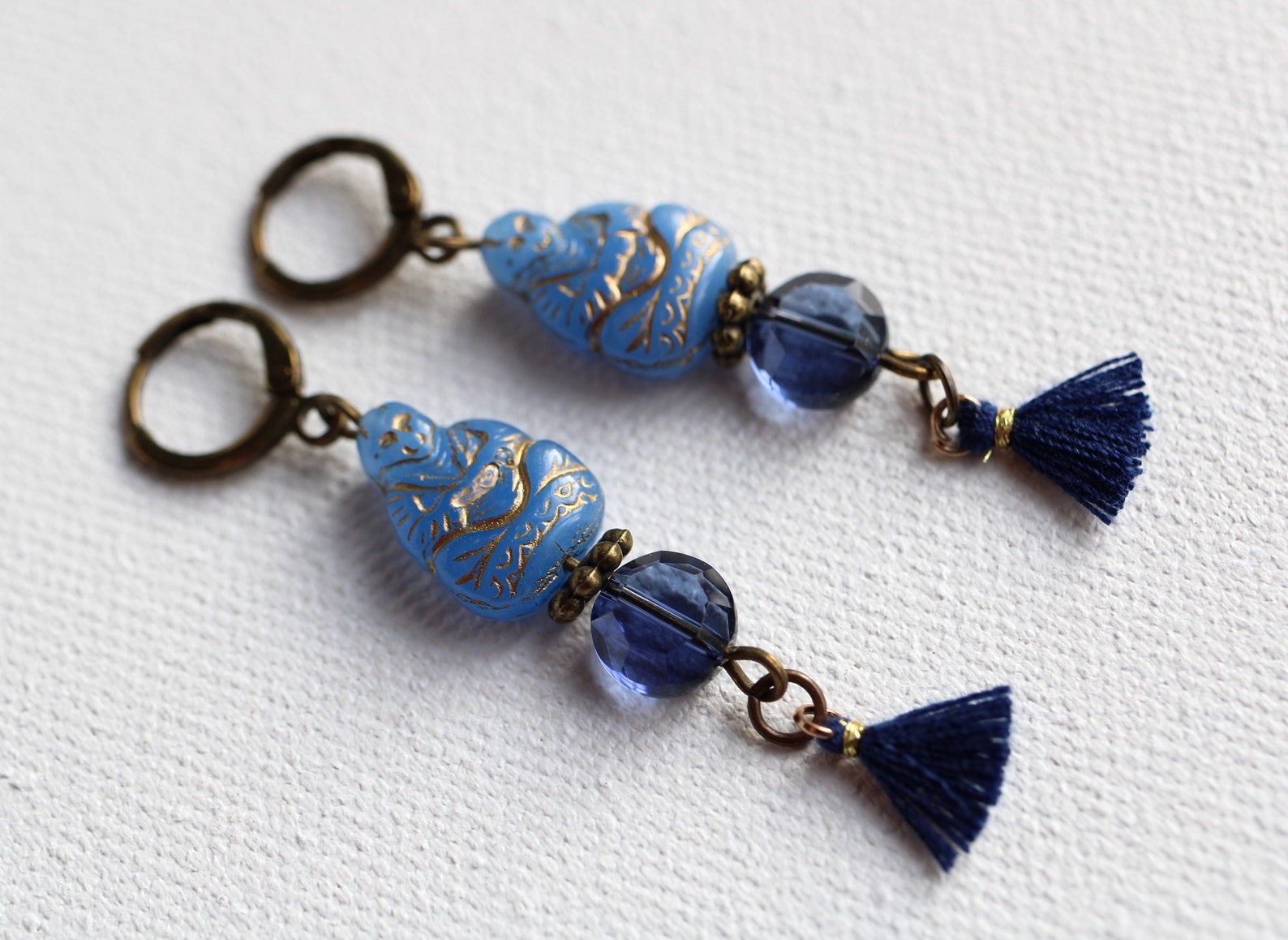 Blue Buddha Boho Earrings Blue Tiny Tassel Earrings Czech - Etsy