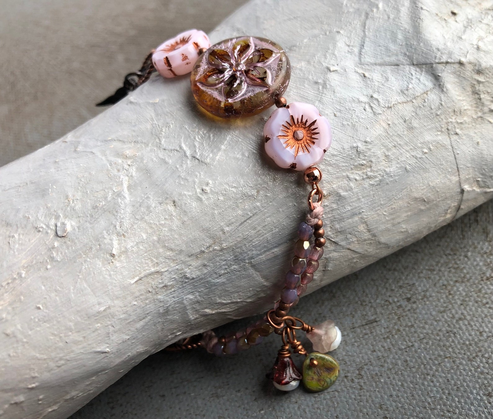 Pink Forget-me-nots Bracelet, Garden Themed Whimsical Bracelet, Czech ...