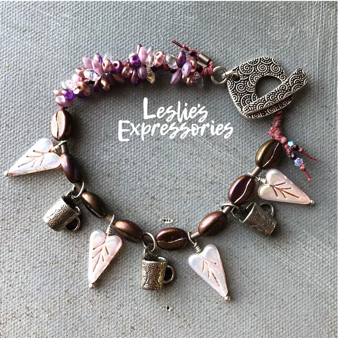 Coffee Bracelet, Coffee Jewelry, Coffee Bean and Mug With Heart Dangle ...