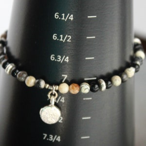 3 Stackable Gemstone Stretch Bracelets, Black Onyx Gemstone Bracelets, Silver Leaf Gemstone ...