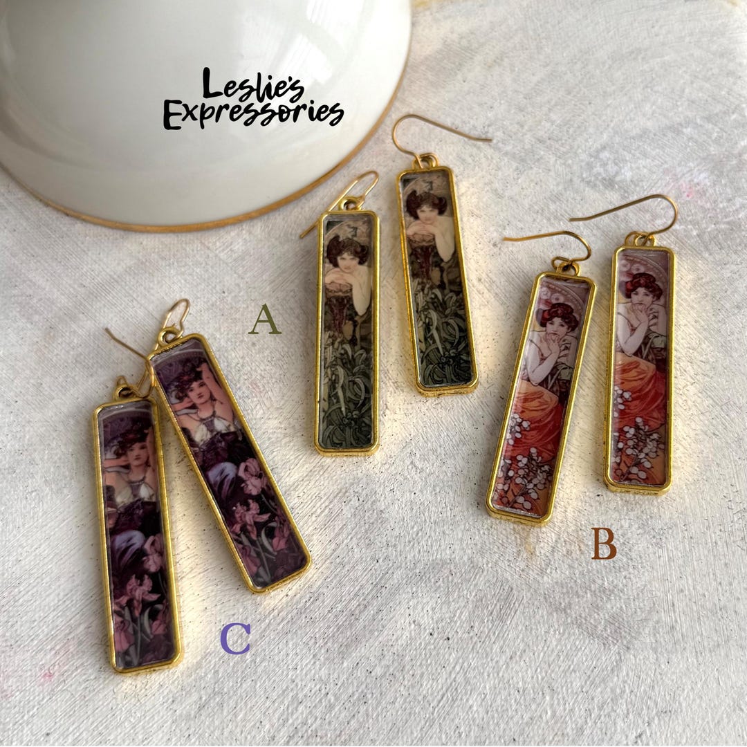 Alphonse Mucha Earrings: Art Nouveau Gemstones, Gold Bezels - Etsy