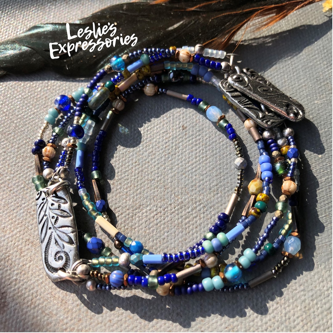 Blue Seed Bead Multi Strand Bohemian Style Bracelet, Eclectic Beaded ...