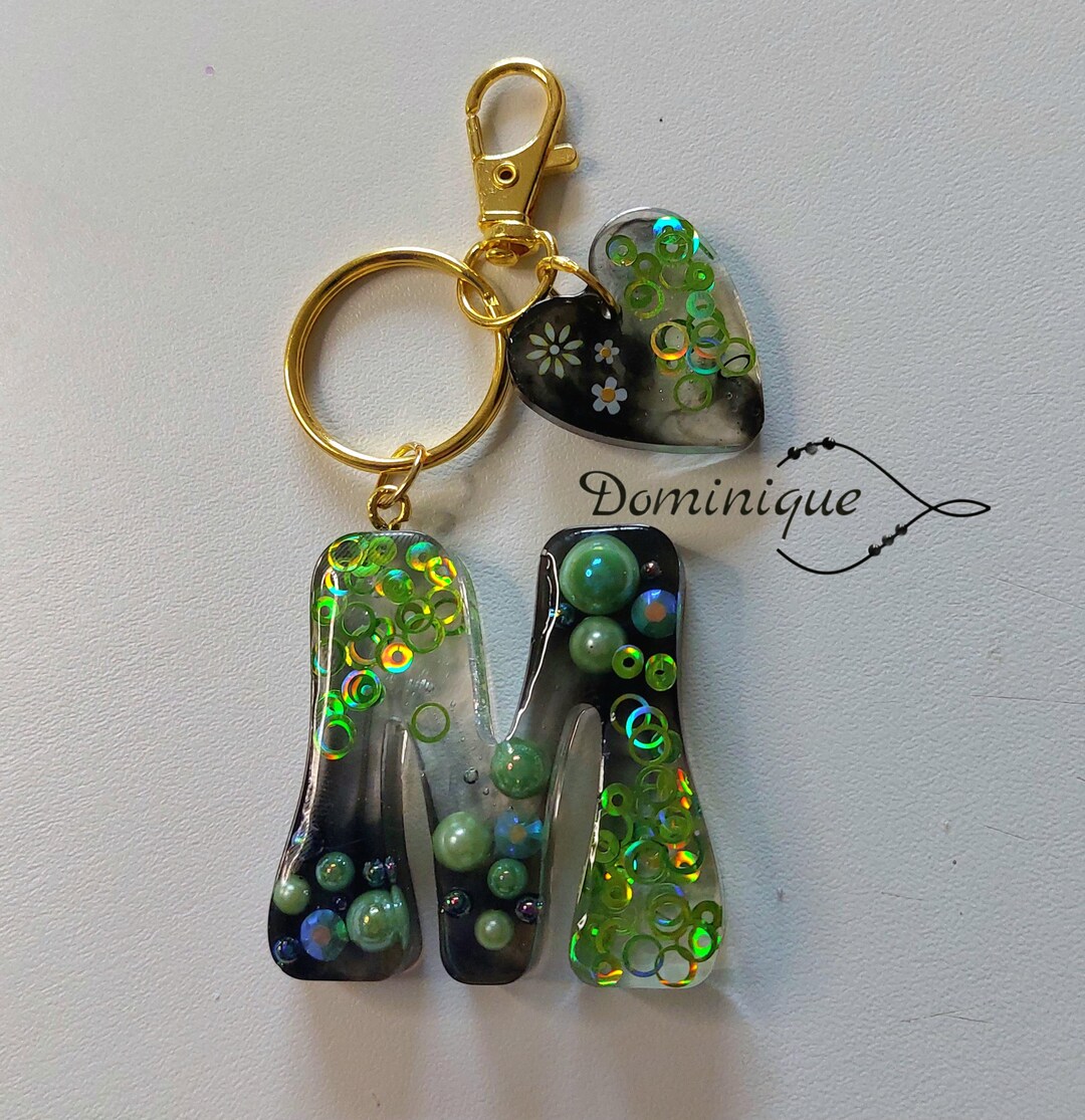 "m" Letter Keychain. Black, Green, and Gold Resin Keychain With a Heart ...