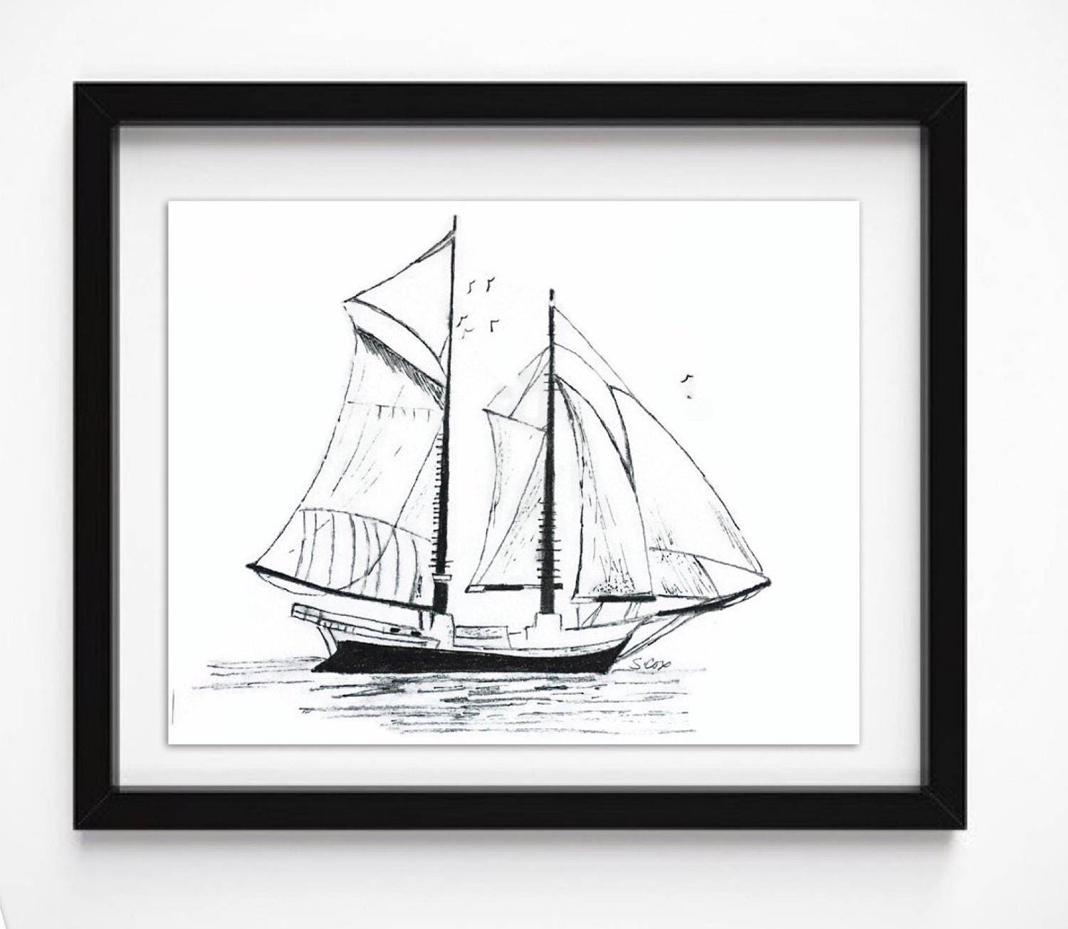 Sailboat sketch Nautical pen and ink drawing Boat Print | Etsy