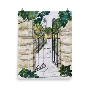 Watercolor Garden Gate Print, Gate Painting, Pathway Painting, Pen and ...