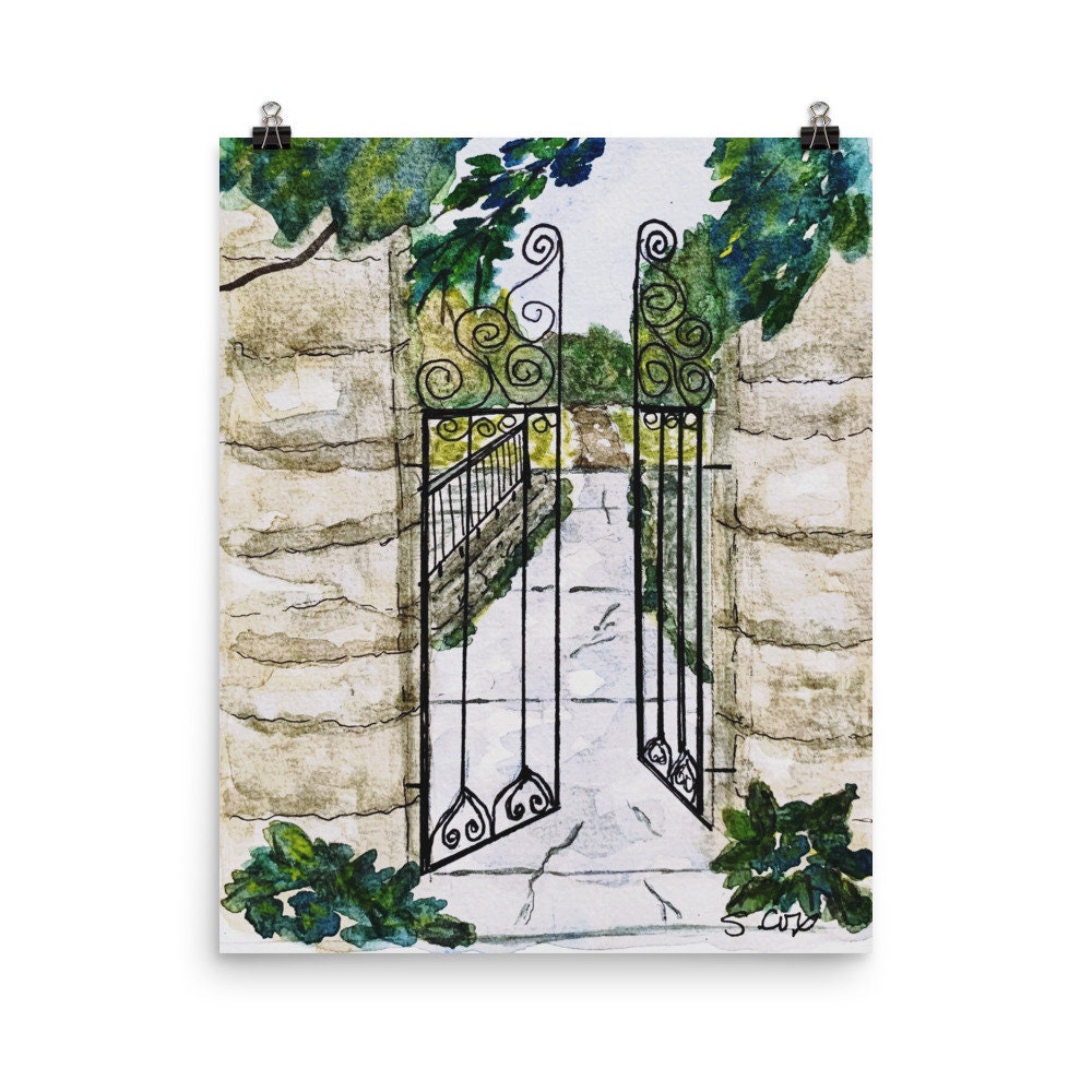 Watercolor Garden Gate Print Gate Painting Pathway Painting | Etsy