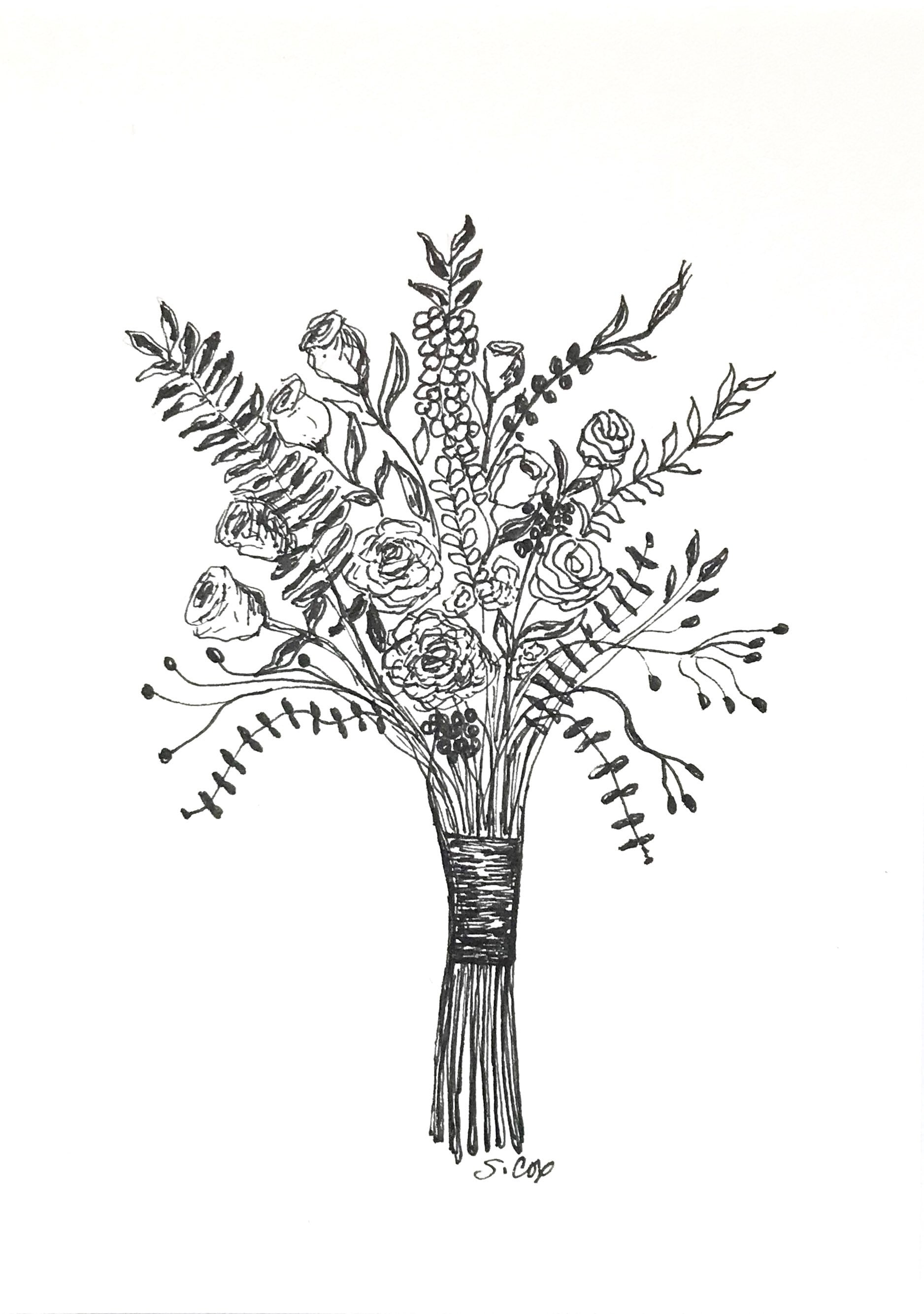 Black and White Floral Drawing Ink Flowers Boho Bouquet | Etsy
