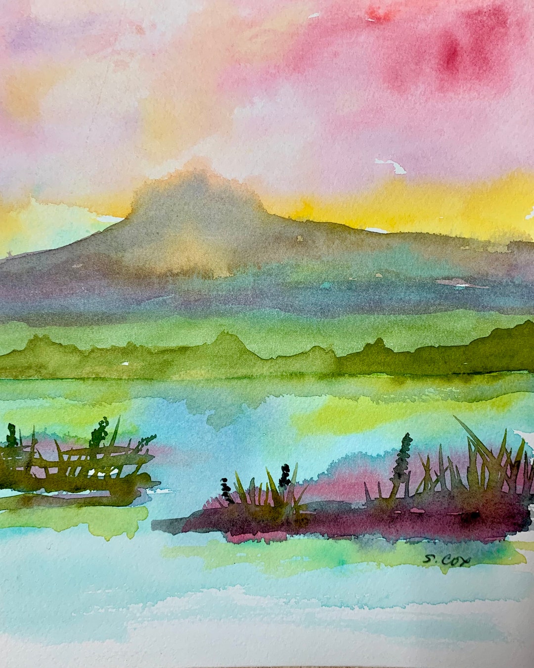 Volcano Painting, Watercolor Lake Artwork, Pastel Sky, Mountain ...