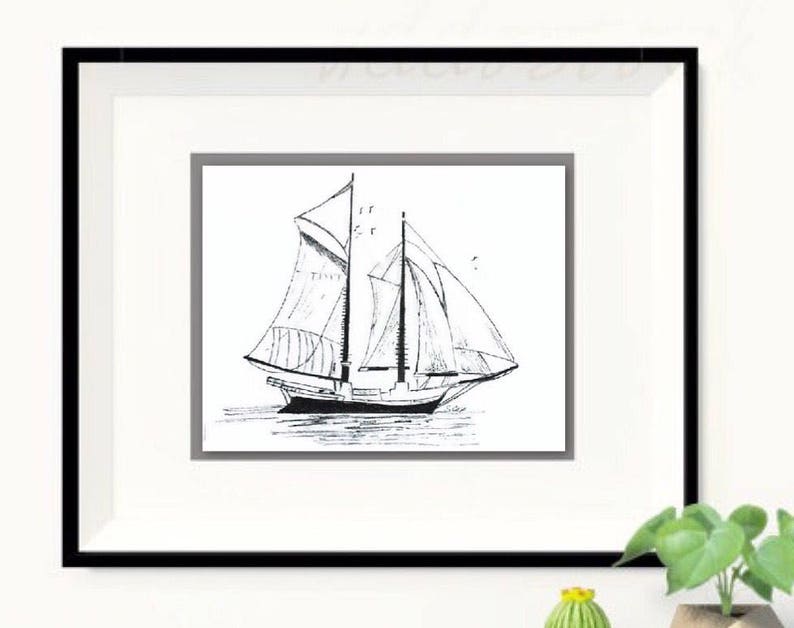 Sailboat sketch Nautical pen and ink drawing Boat Print | Etsy