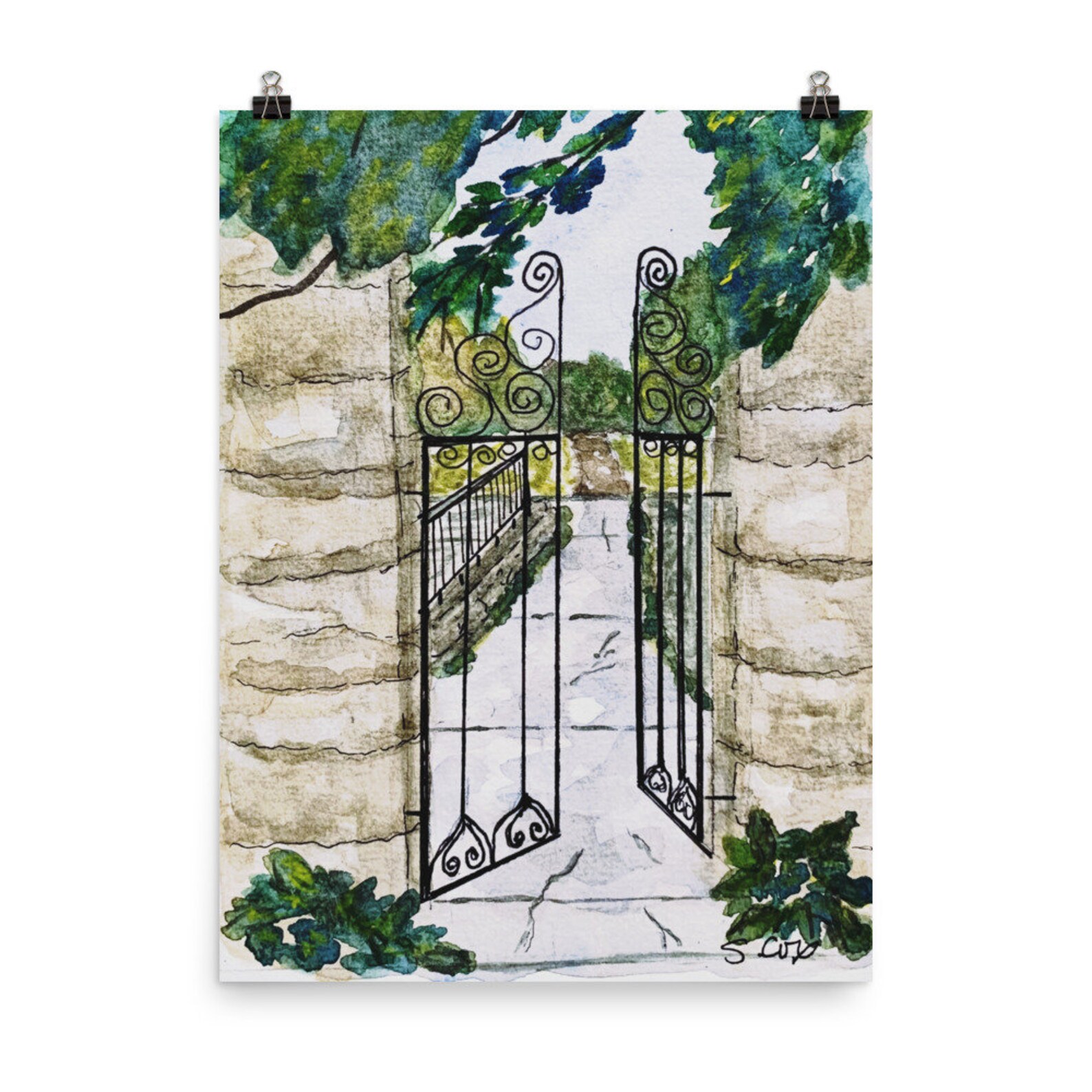 Watercolor Garden Gate Print Gate Painting Pathway Painting | Etsy