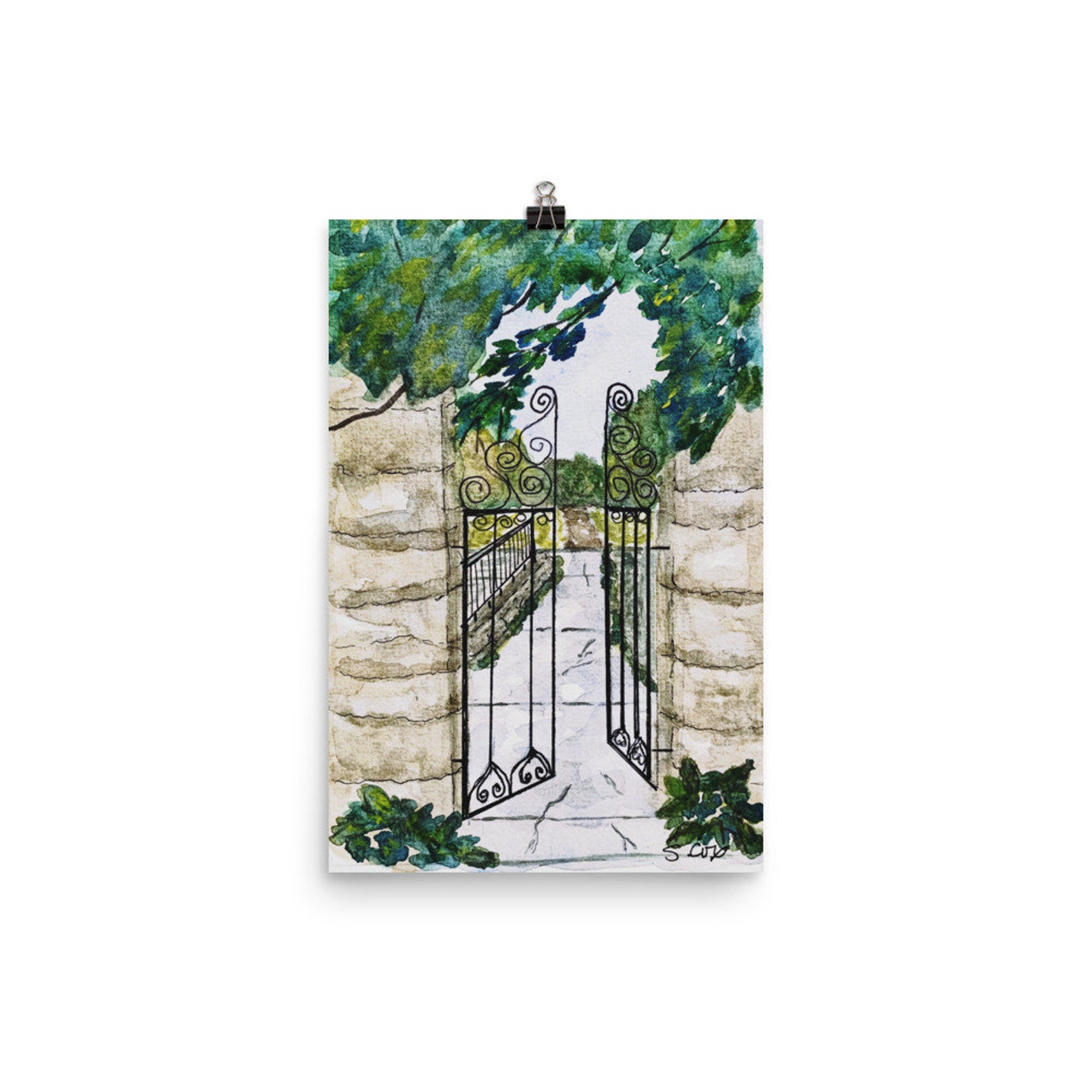 Watercolor Garden Gate Print Gate Painting Pathway Painting | Etsy