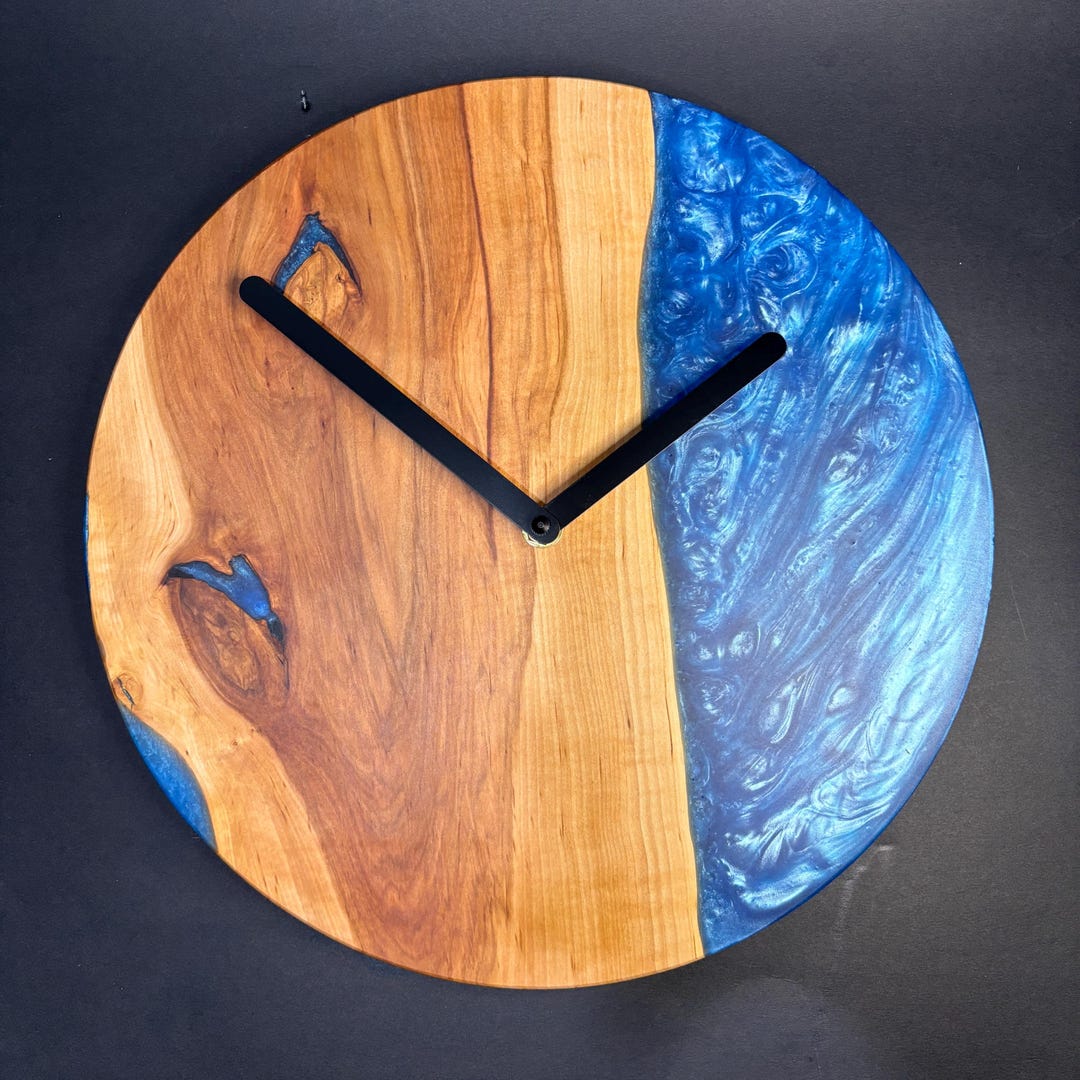 Wood & Resin Wall Clock - Applewood and Caribbean Blue Resin - 12 ...