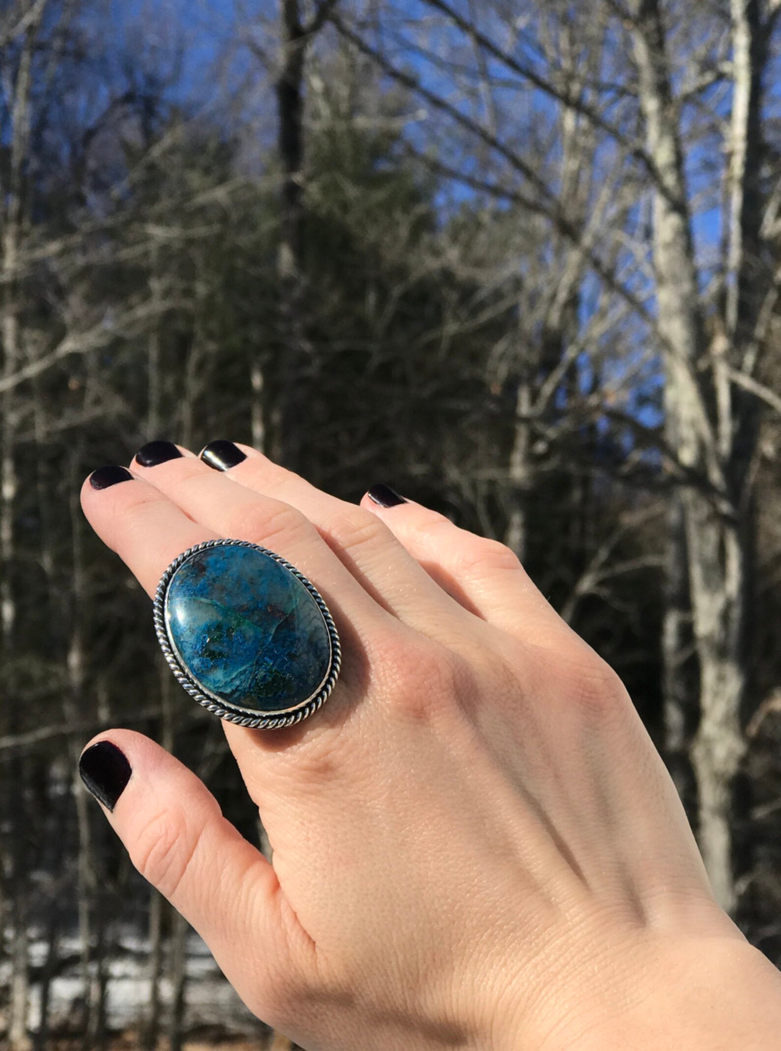 Silver Moss Agate Ring Blue Agate Ring Oversized Ring Unique Gemstone ...