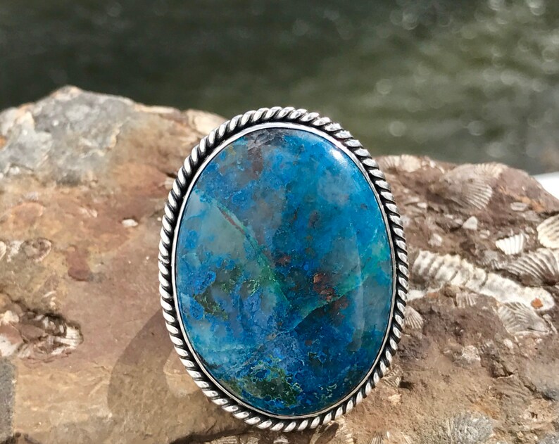 Silver Moss Agate Ring Blue Agate Ring Oversized Ring Unique Gemstone ...