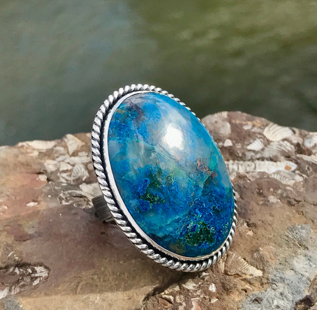 Silver Moss Agate Ring – Blue Agate Ring - Oversized Ring - Unique ...