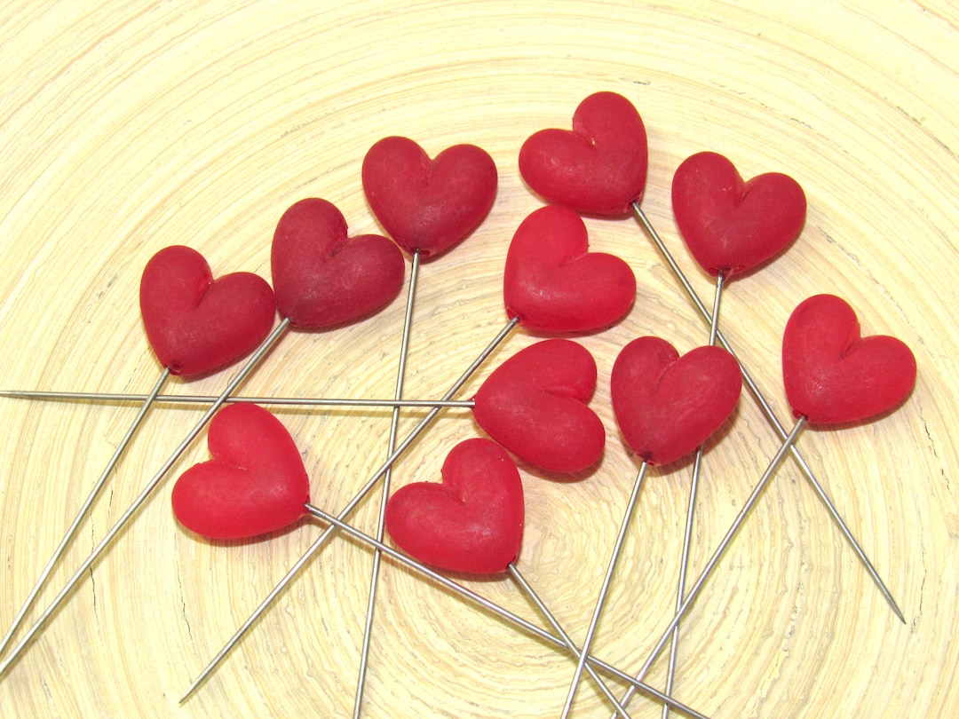 6 Bulk 3" Frosted Red Heart Straight Pins~40 Cents Each~valentine Heart ...