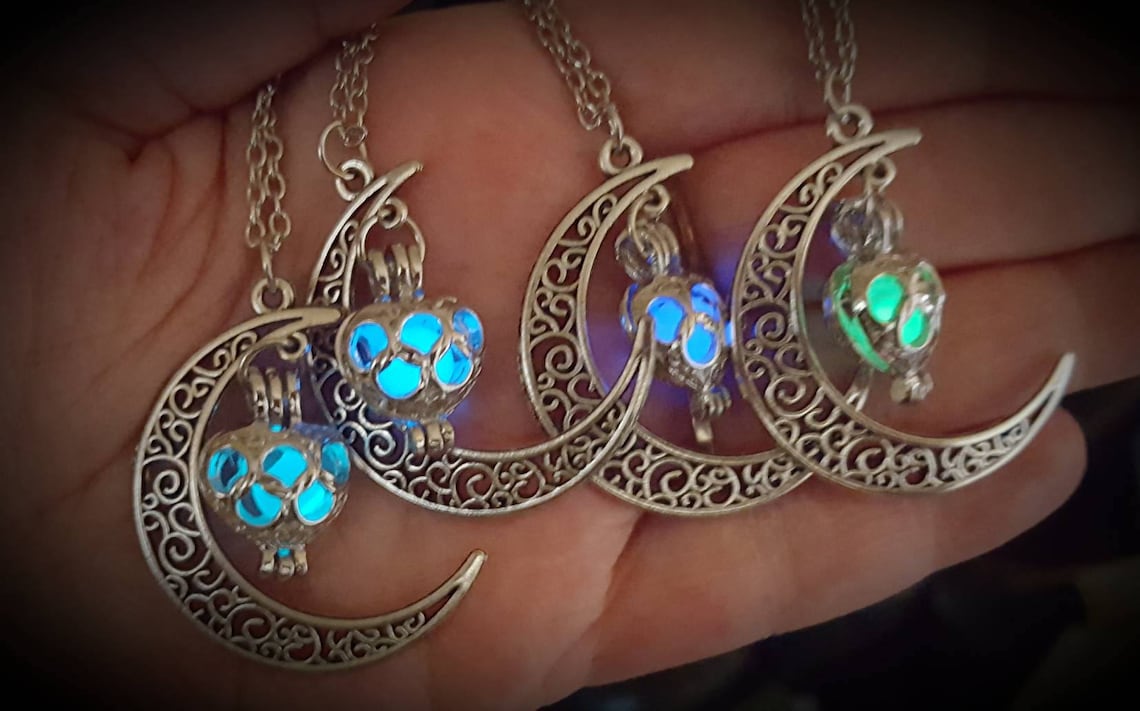 Crescent moon glow in the dark necklaces. Luminous necklaces | Etsy